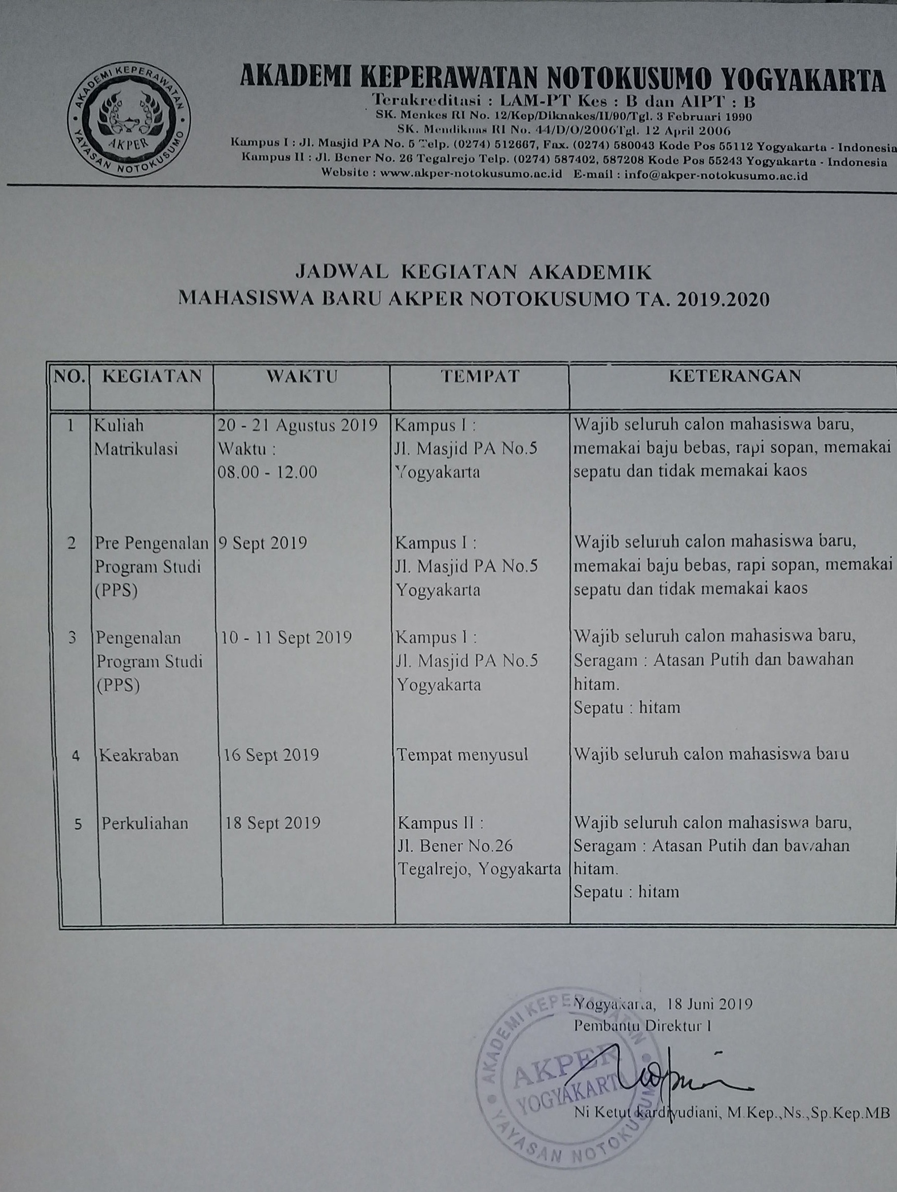 Jadwal Kegiatan Akademik Mahasiswa baru STIKES Notokusumo TA. 2019/2020 ...
